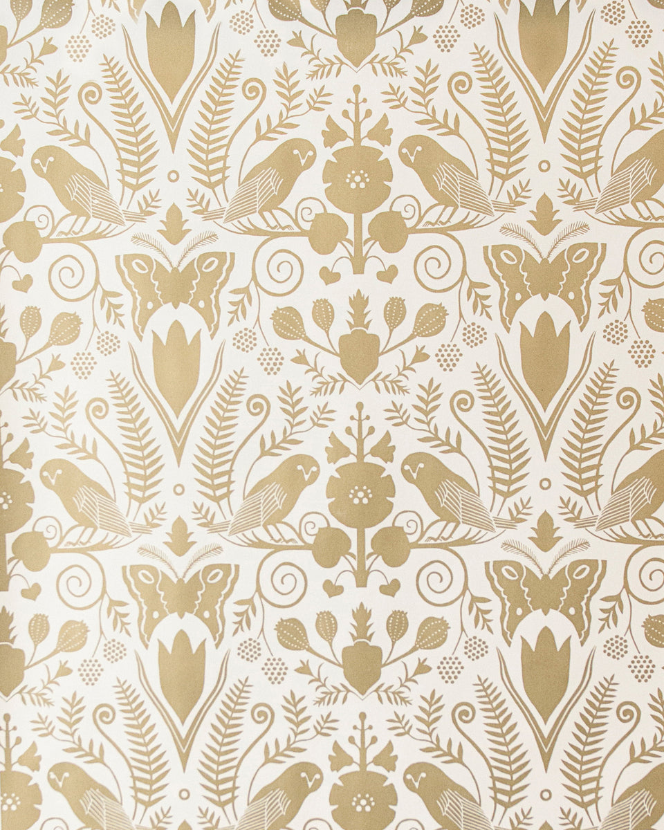 Barn Owls and Hollyhocks by Carson Ellis - Gold on Cream - Residential