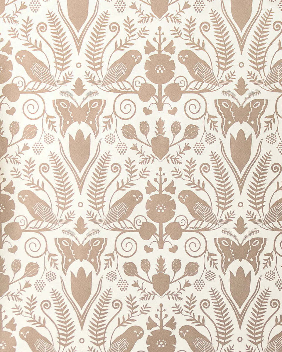 Barn Owls and Hollyhocks - Rose Gold on Cream - Commercial Wallpaper